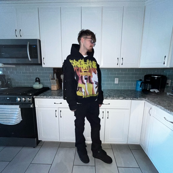 Droland miller | Sweaters | Graphic Black Hoodie With Yellow And Red ...